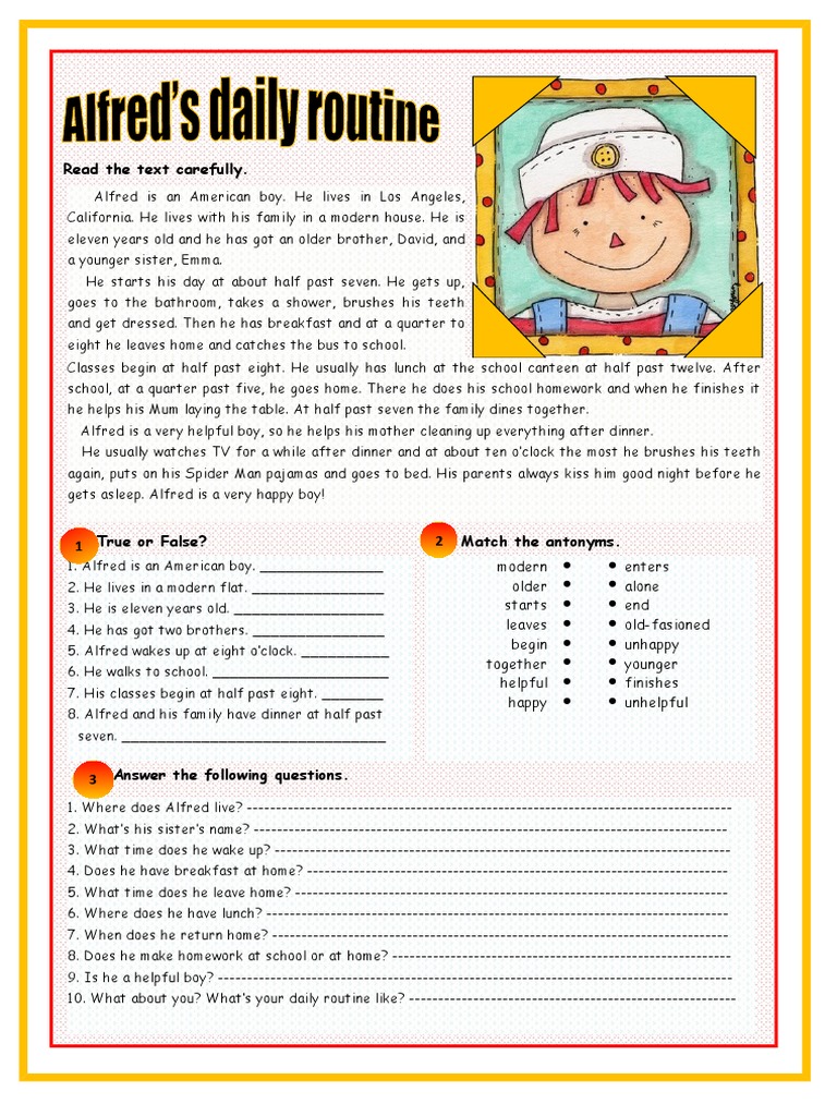 Alfreds Daily Routine Reading Comprehension Exercises - 8093 | PDF