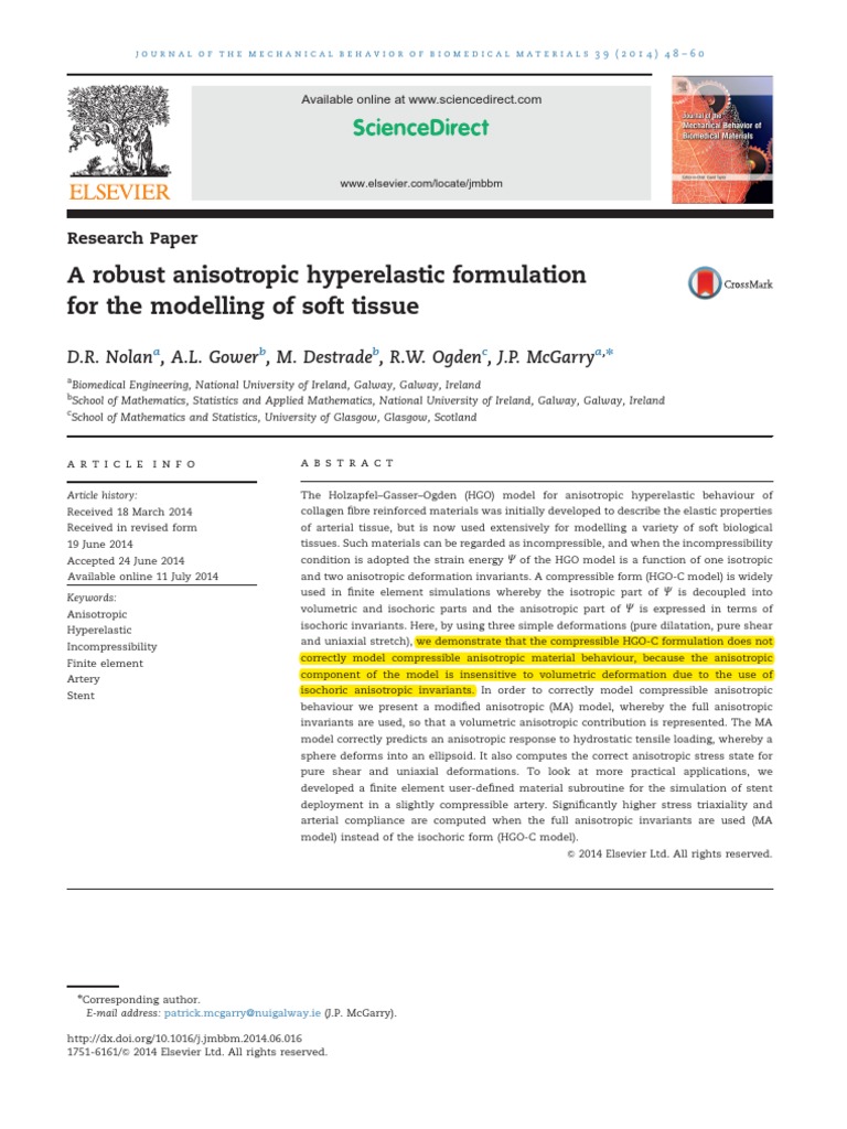 Anisotropic Hyperelastic Model for Soft Tissue | PDF | Stress ...