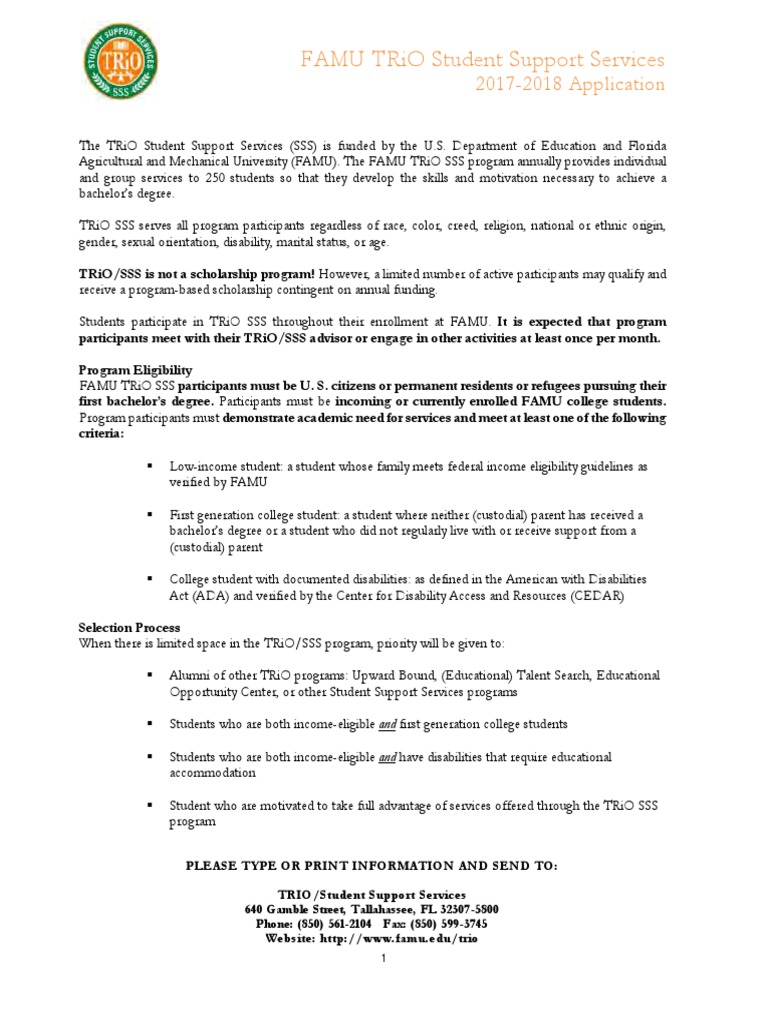 Famu Trio Student Support Services: 2017-2018 Application | PDF | Race ...