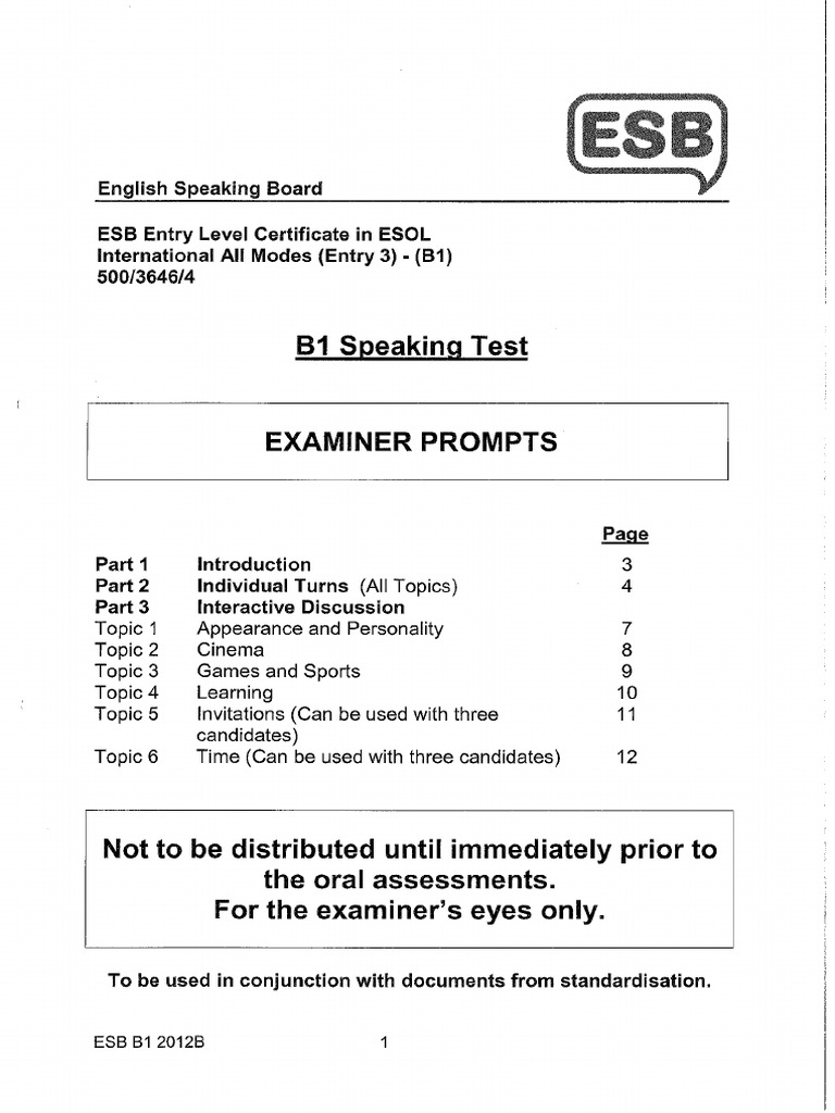 B1 Speaking Test Examiner Prompts Sample PDF | PDF