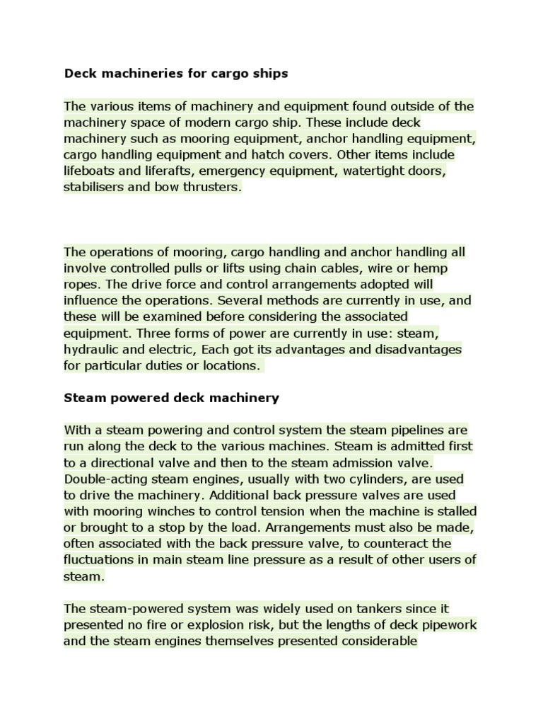 Deck Machineries For Cargo Ships | PDF | Steam Engine | Crane (Machine)