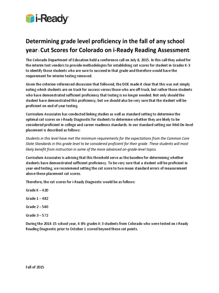 Colorado i-Ready Reading Cut Scores | PDF | Common Core State Standards ...
