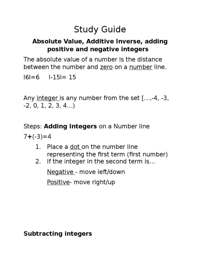 Study Guide Absolute Value Additive Inverse Adding Positive and ...