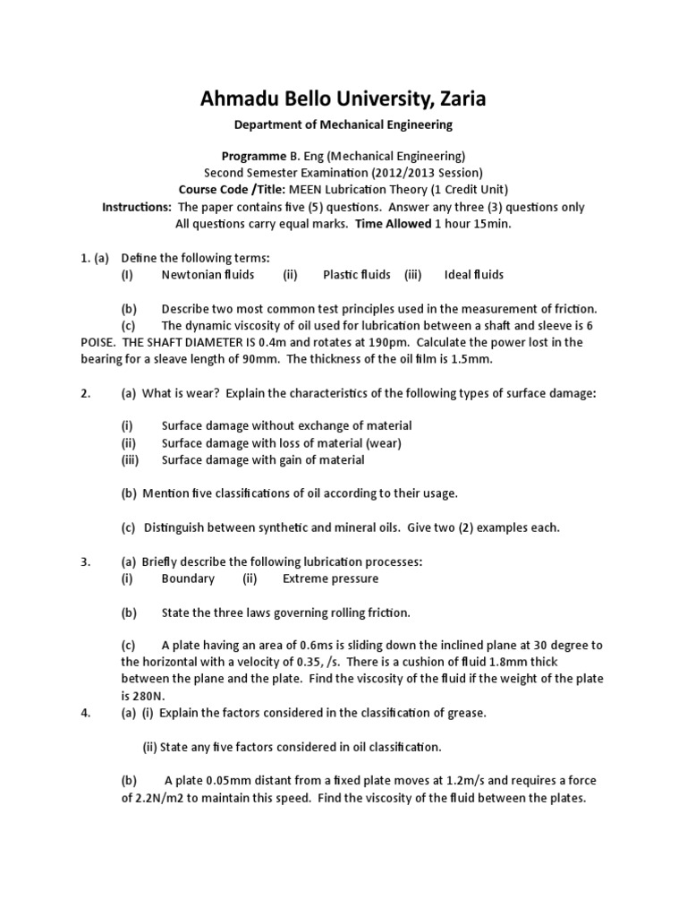Lubrication Theory Exam Questions | PDF | Viscosity | Lubricant