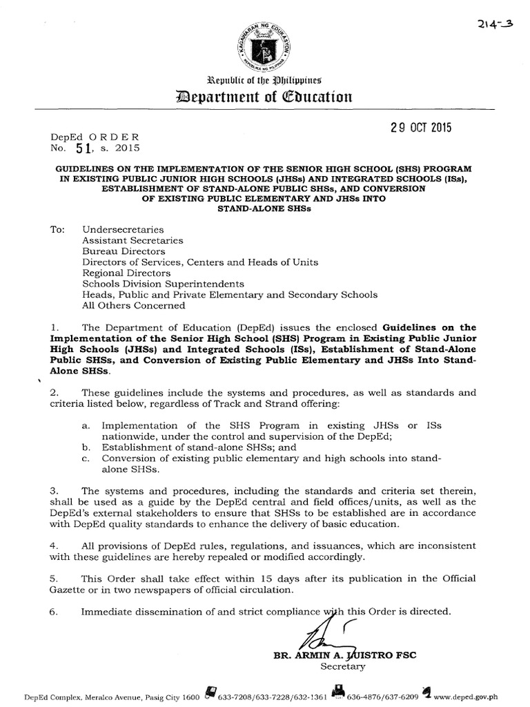 SHS Guidelines DO.51 S 2015 PDF | PDF | State School | Curriculum