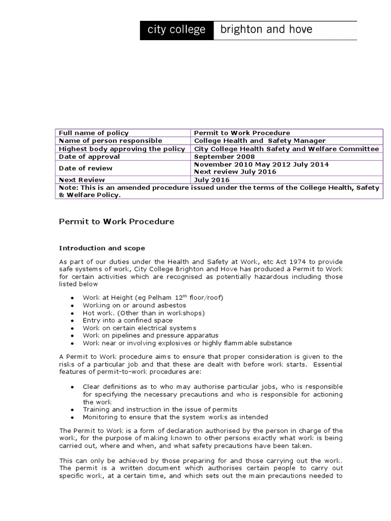 Permit To Work Procedure | PDF | Safety | Employment