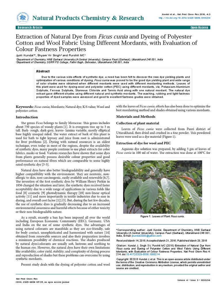 Extraction of Natural Dye From Ficus Cunia and Dyeing of Different ...