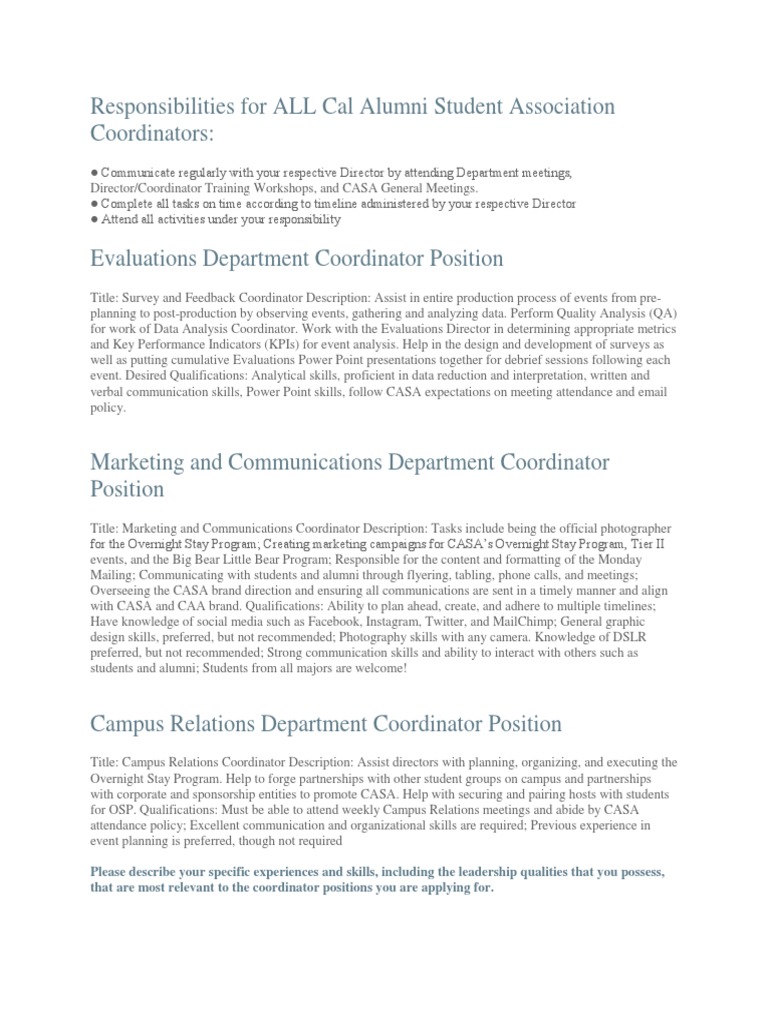 Responsibilities For ALL Cal Alumni Student Association Coordinators ...