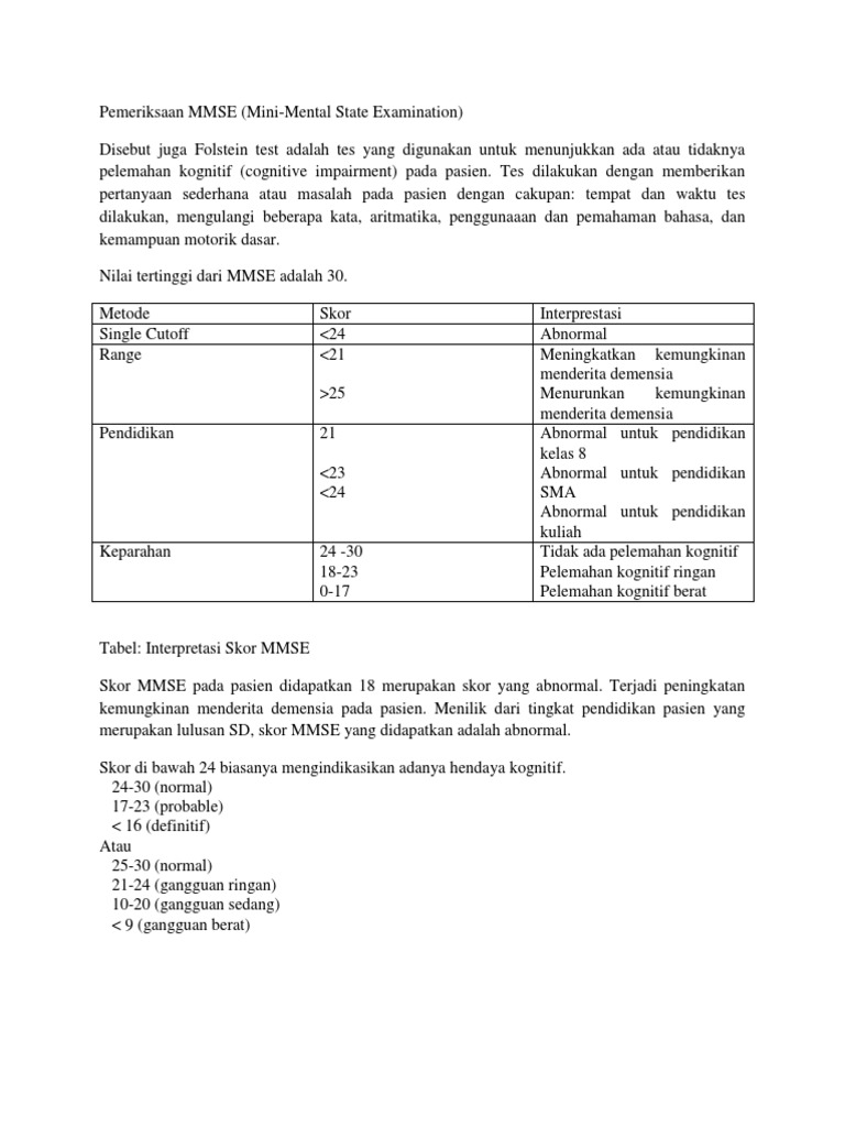 Interpretasi Skor MMSE untuk Demensia | PDF