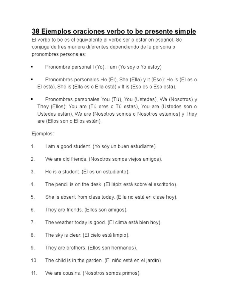 38 Ejemplos Oraciones Verbo To Be Presente Simple | PDF | Verbo | Ocio