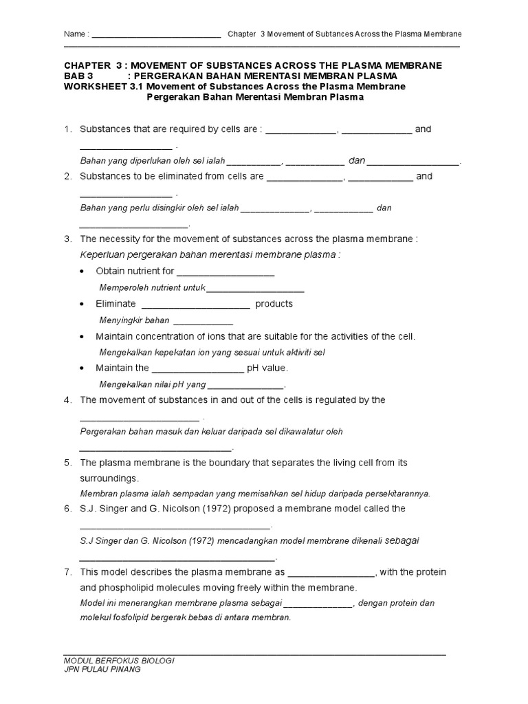 WORKSHEET 3.1 Movement of Subtances Across The Plasma Membrane ...