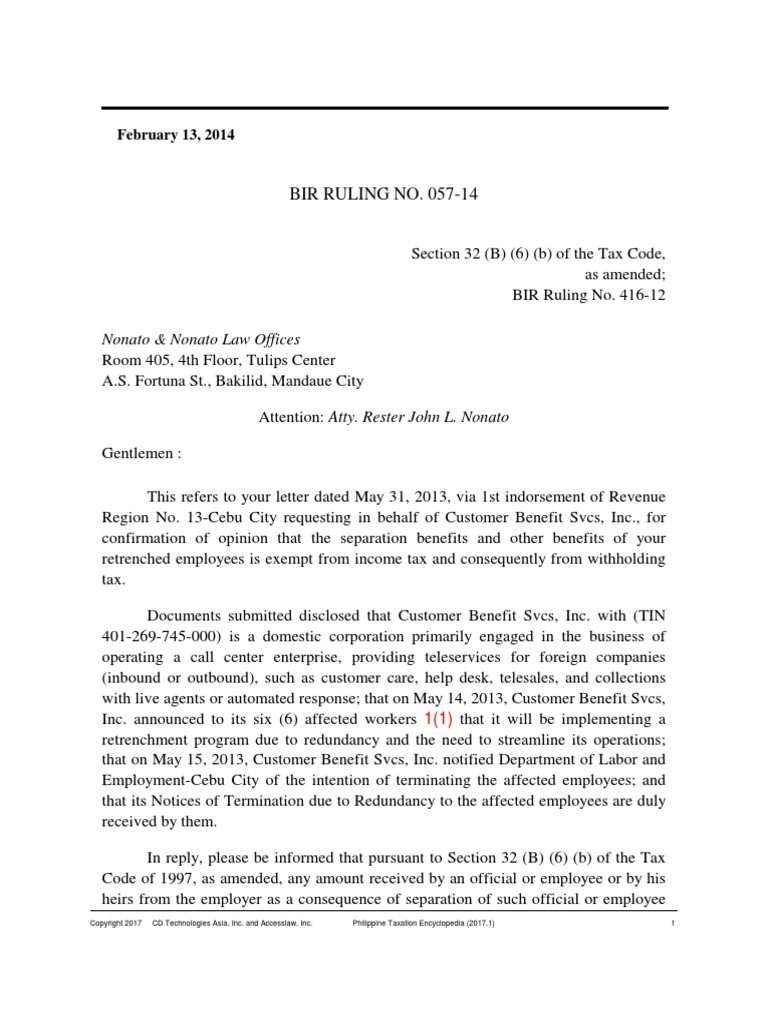 BIR Ruling No 05714 | PDF | Employee Benefits | Employment