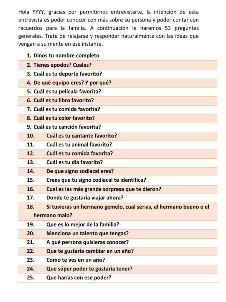 53 Preguntas para Conocer a la Familia | PDF | Ocio