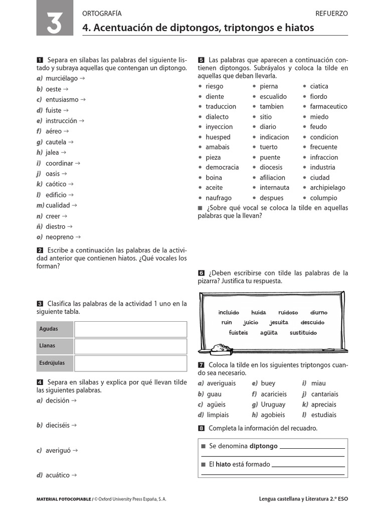 Diptongos Triptongos e Hiatos Ficha de Trabajo PDF | PDF | Fonética ...