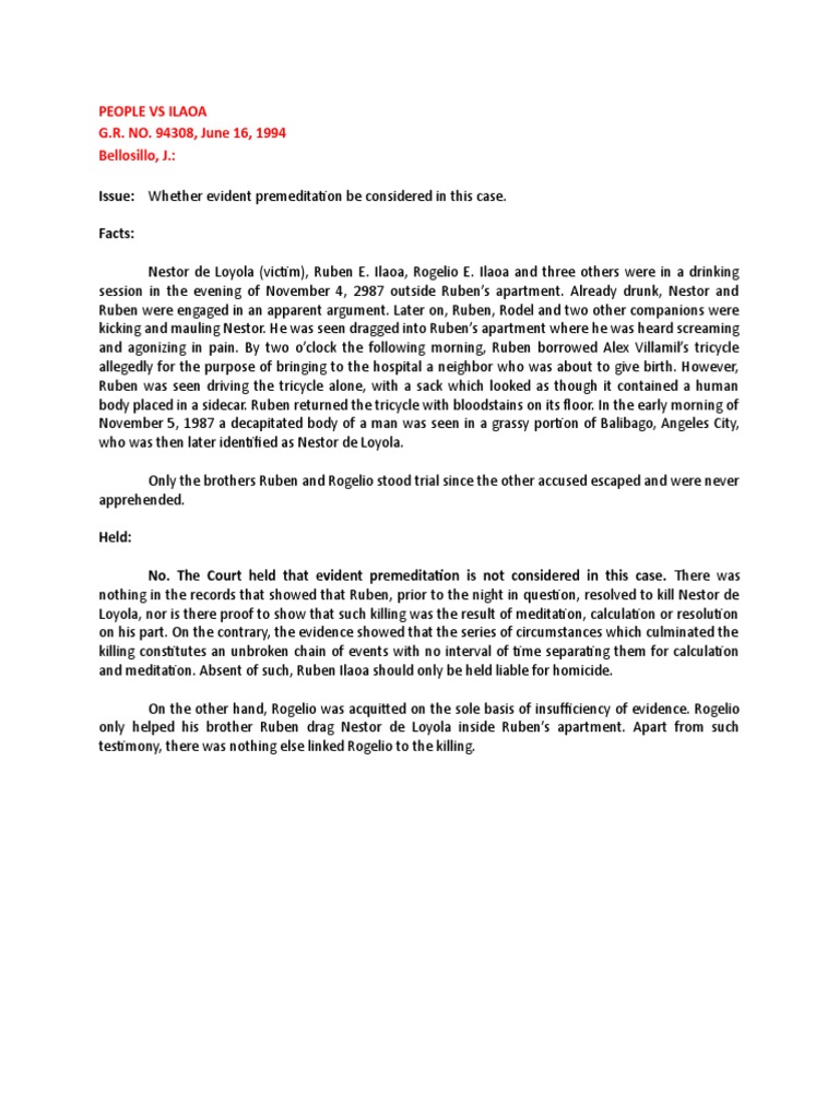 Issue: Whether Evident Premeditation Be Considered in This Case. Facts ...