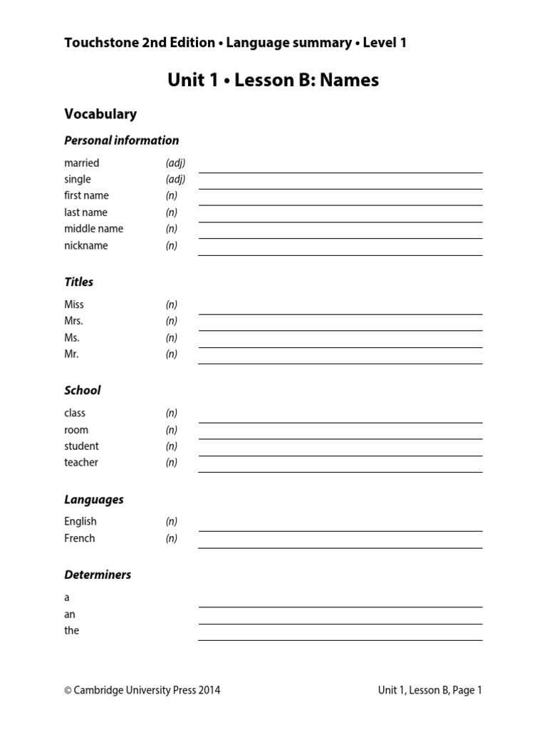 Unit 1 - Lesson B: Names: Touchstone 2nd Edition - Language Summary - Level 1 | PDF