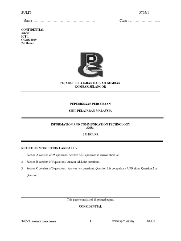 Peperiksaan Percubaan Selangor Ict SPM 09 | PDF | Gateway ...