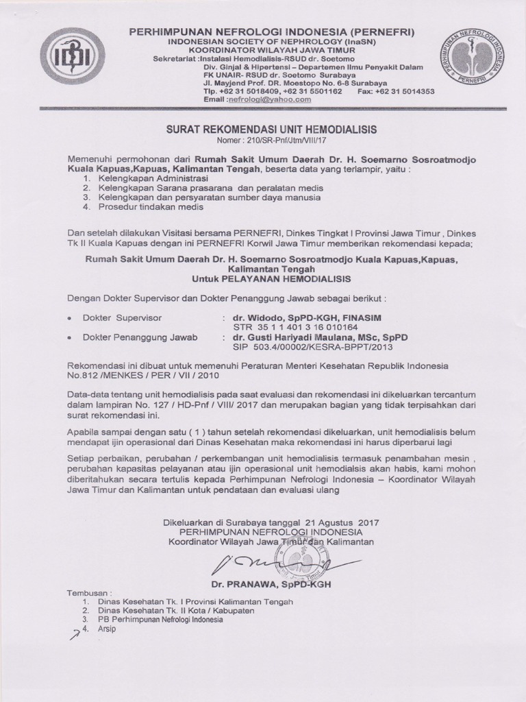 Surat Rekomendasi Unit Hemodialisis RSUD Dr. H. Soemarno Sosroatmodjo ...
