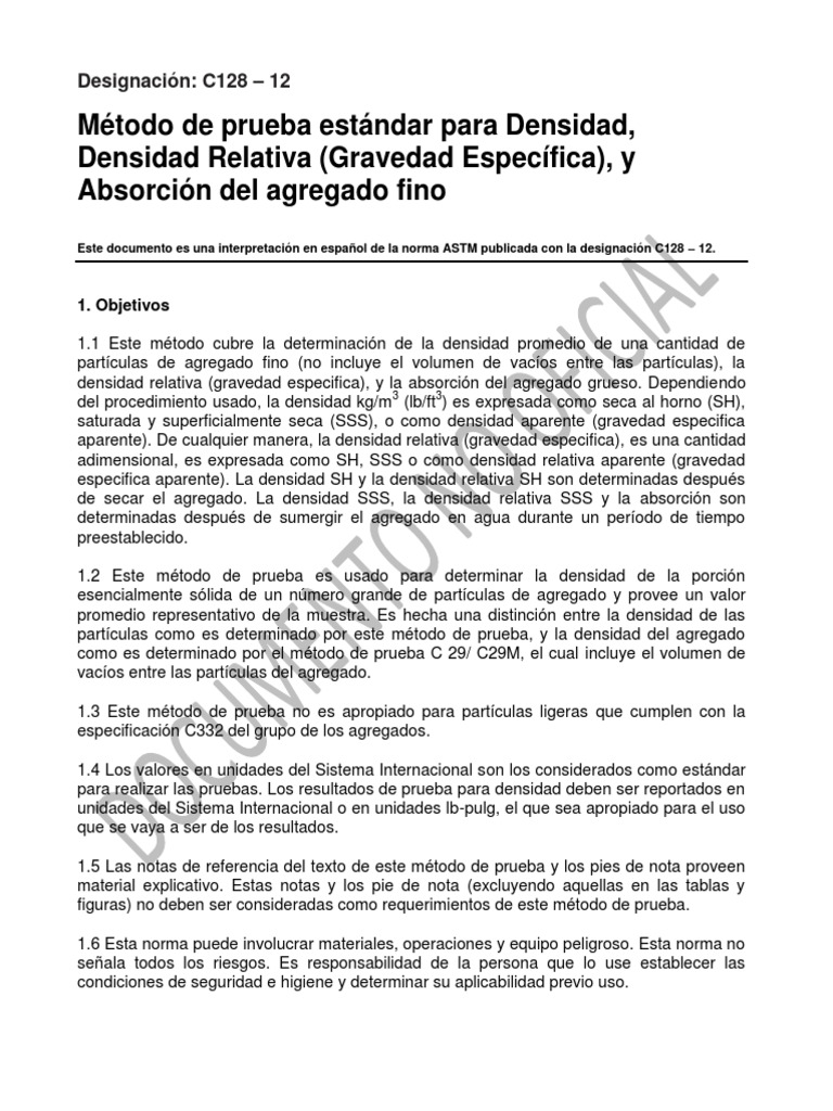 Astm C128 | PDF | Densidad | Absorción (Química)