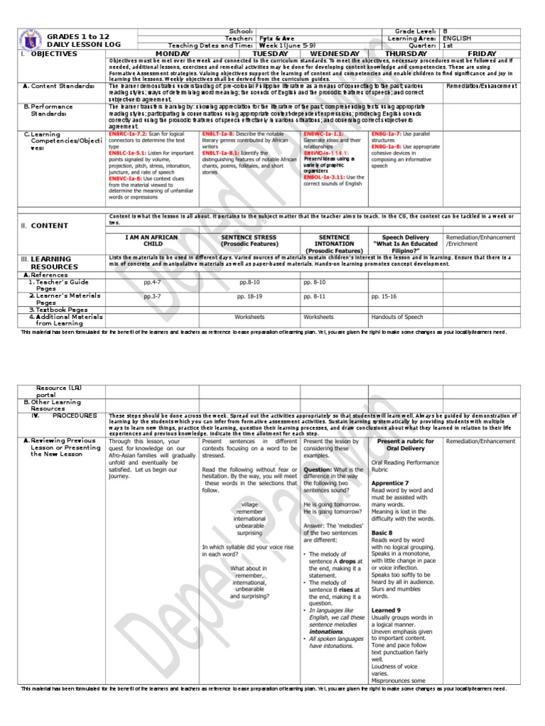 DLL ENG8 1stQ 1st Week Checked | PDF | Stress (Linguistics) | Semiotics