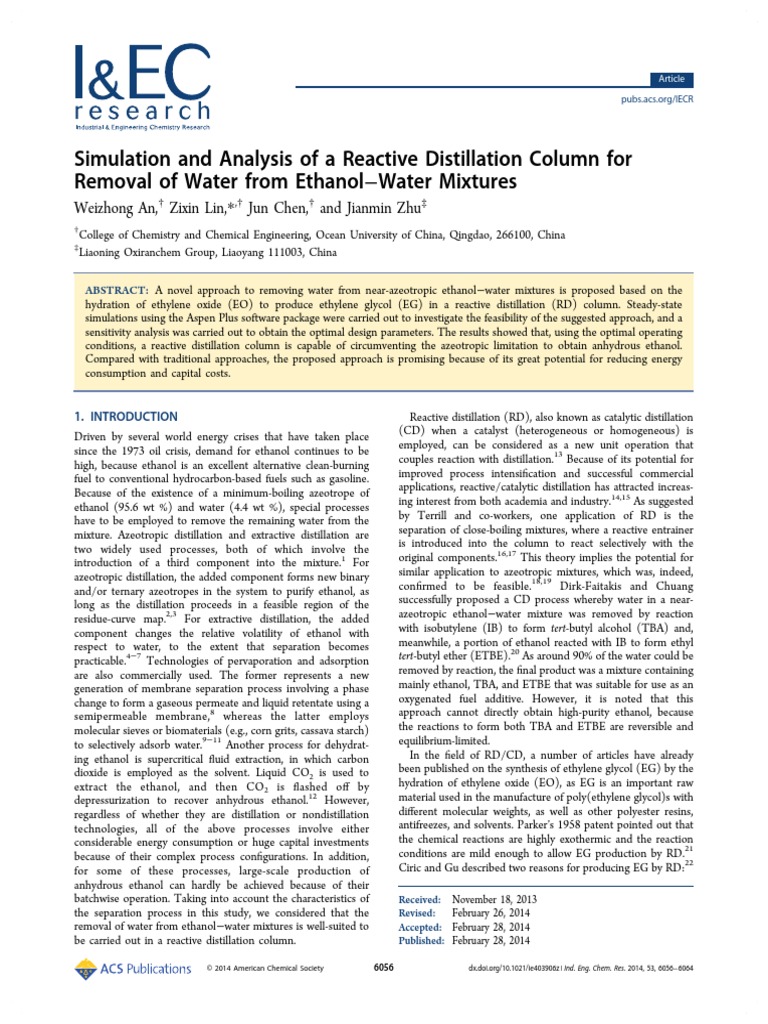 Simulation and Analysis of A Reactive Distillation Column For Removal of Water From Ethanol ...