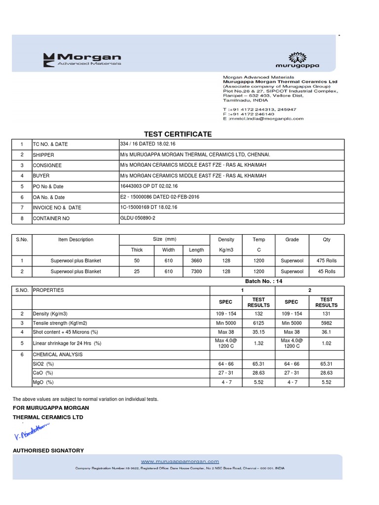 Murugappa Morgan Thermal Ceramics LTD: Test Certificate | PDF | Nature ...