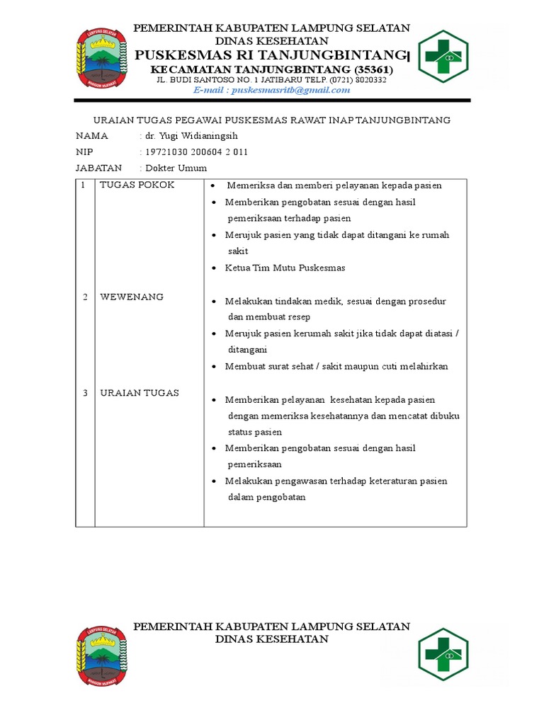 Uraian Tugas Pokok Dan Fungsi Petugas Puskesmas | PDF