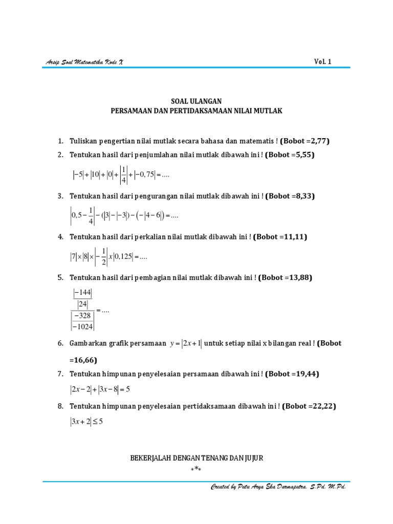 Soal Ulangan Nilai Mutlak | PDF | Metode & Bahan Ajar | Sains & Matematika