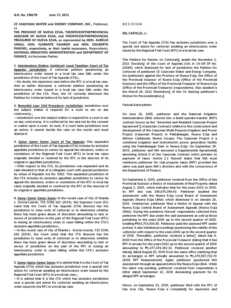 CE Casecnan Water Vs Prov. of Nueva Ecija | PDF | Certiorari | Jurisdiction