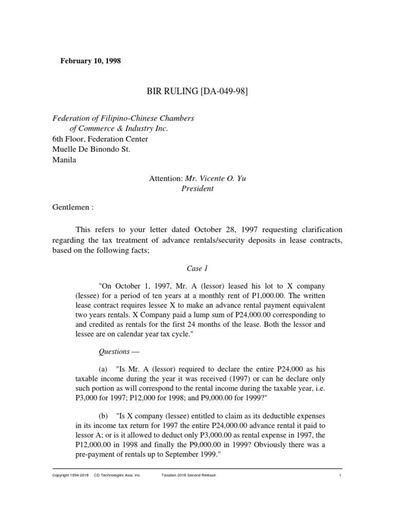 Bir Ruling Da 049 98 | PDF | Lease | Renting