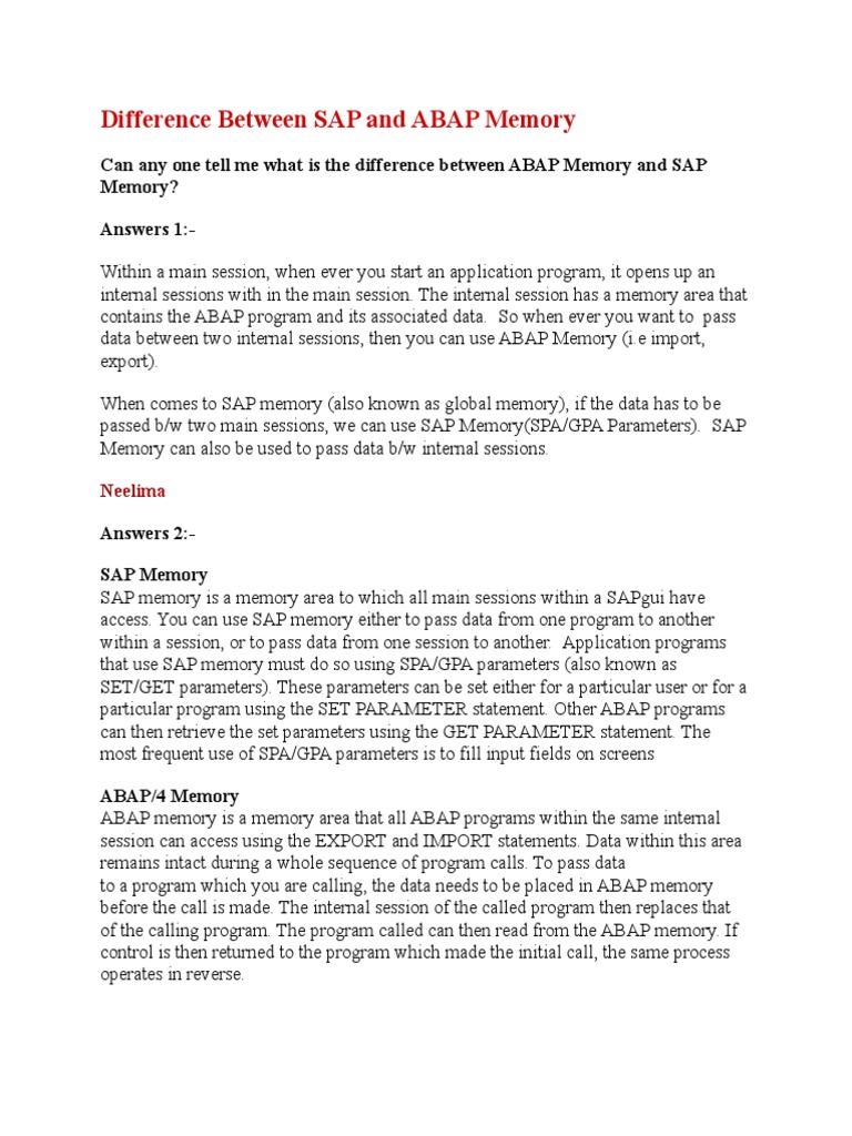 Difference Between Sap And Abap Memory Download Free Pdf Computer Programming Software