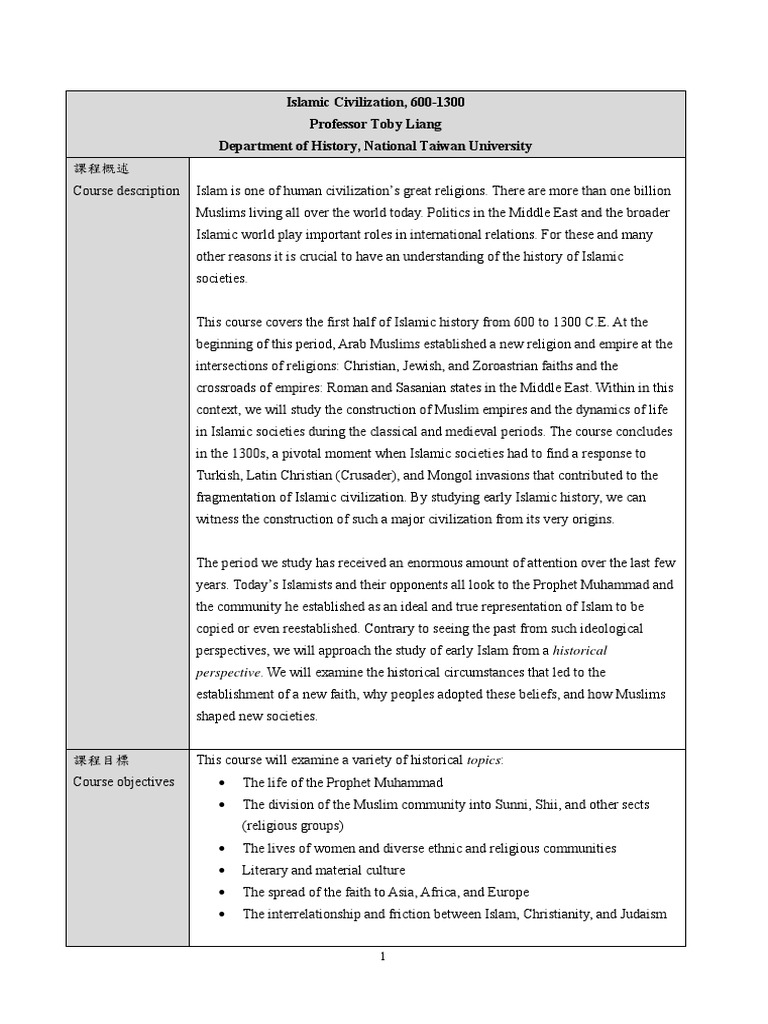 Syllabus Islamic Civilization 600-1300 | PDF | Caliphate | Muslim World