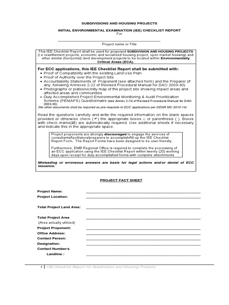 GENERIC IEE Checklist Form | Environmental Monitoring | Sanitation