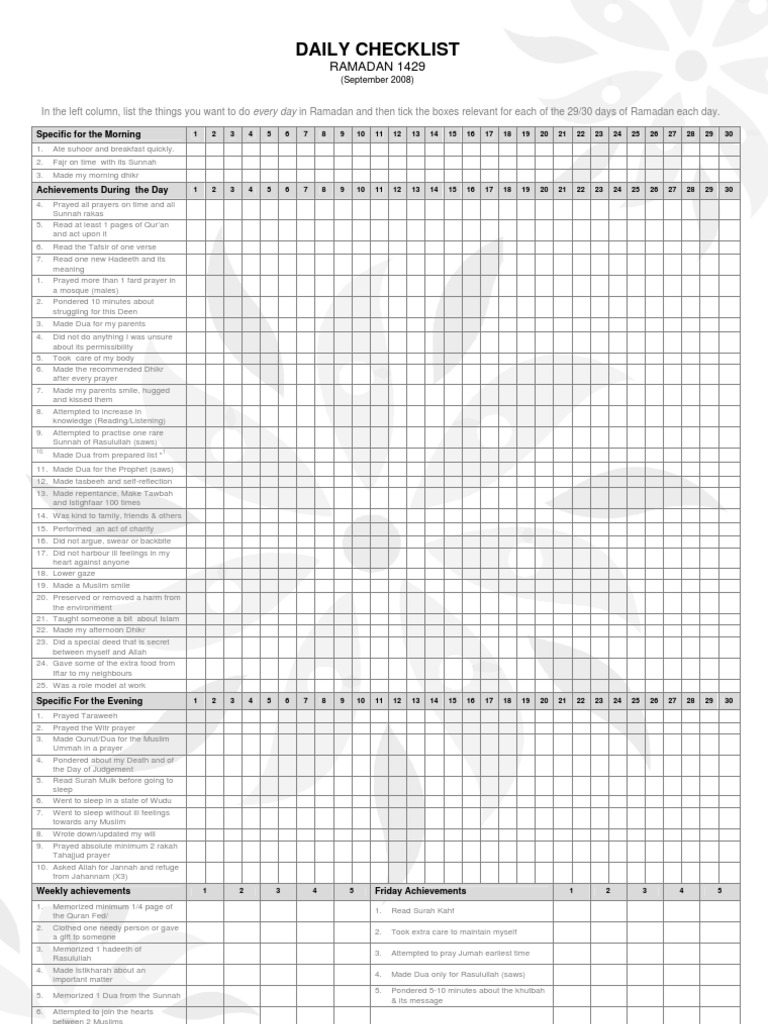Ramadan Daily Checklist | PDF