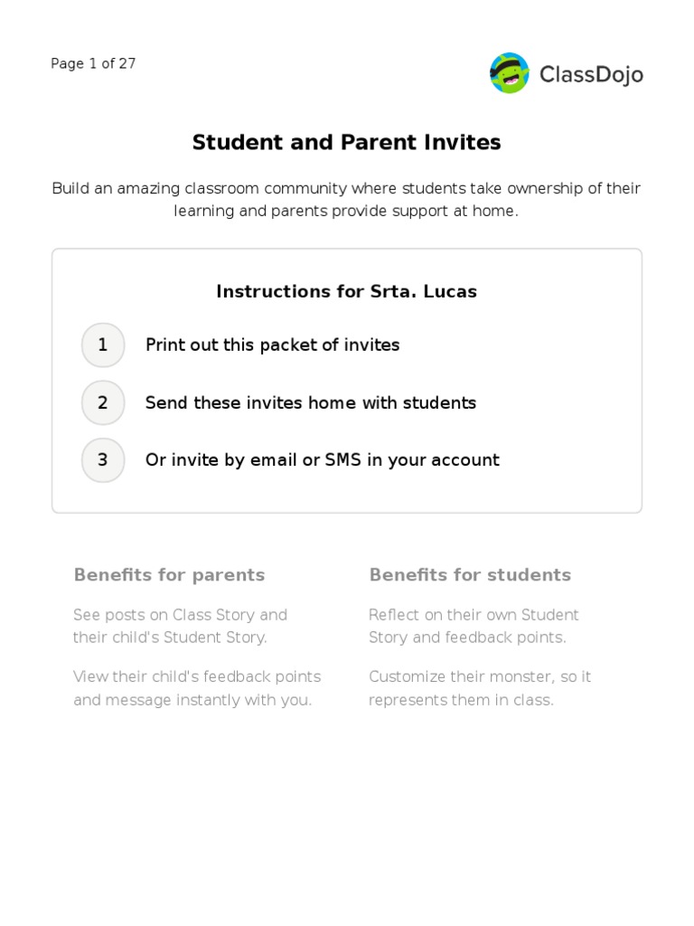 Classdojo Parent and Student Invites For Sixth A 1 | PDF | Educational ...