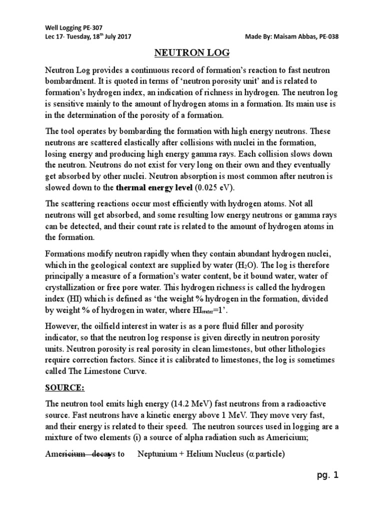 Neutron Log: Well Logging PE-307 Lec 17-Tuesday, 18 July 2017 Made By ...