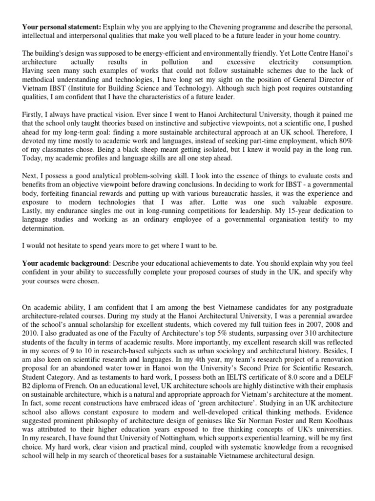 Chevening Scholarship Personal Statement | PDF | Leadership | Vietnam