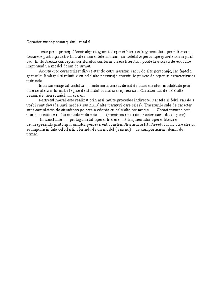 Caracterizarea Personajului Model Bacalaureat 2024 Caracterizare