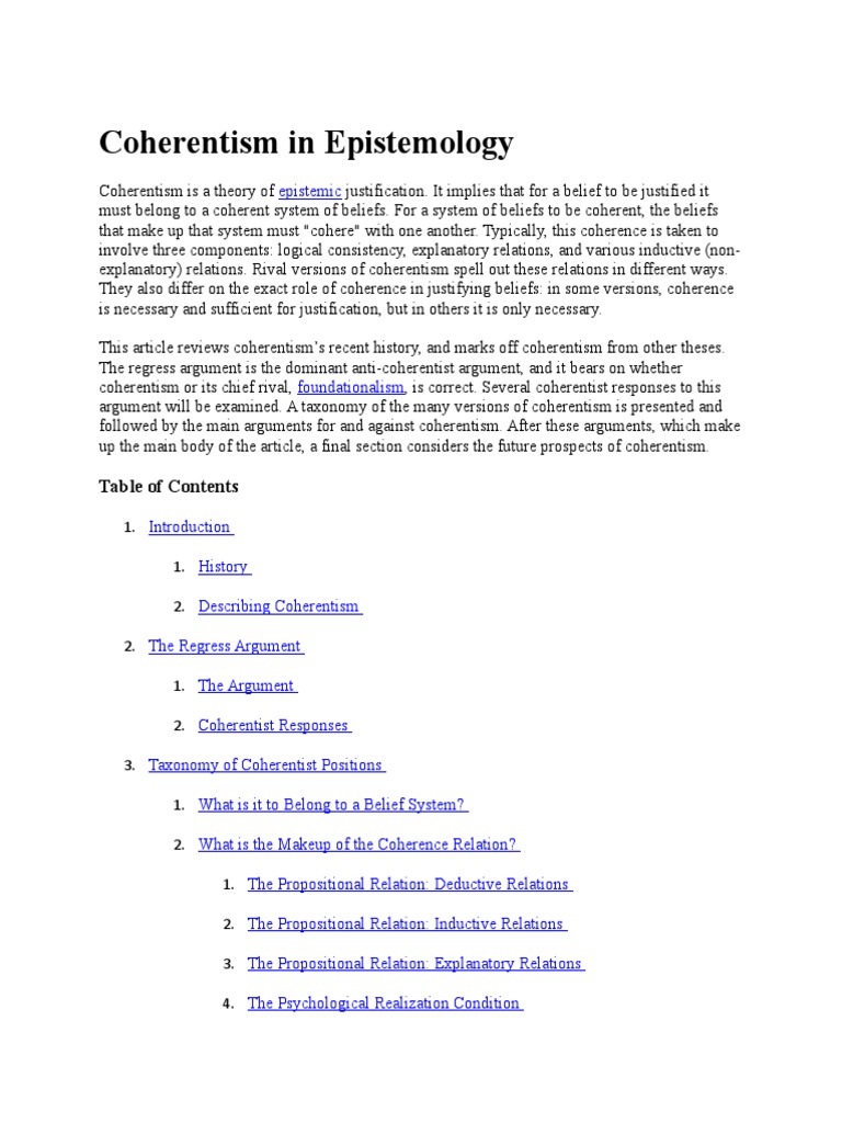 Coherentism in Epistemology | PDF | Internalism And Externalism ...