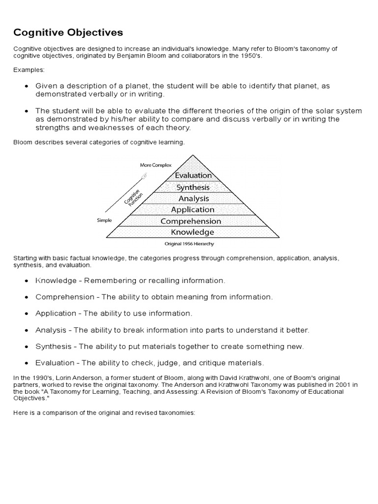 Cognitive Objectives.docx | Reading Comprehension | Cognition