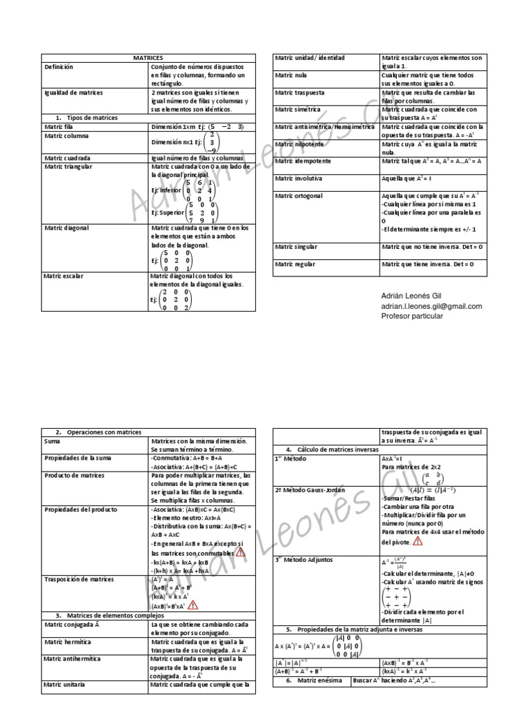 Resumen Matrices | Matriz (Matemáticas) | Determinante