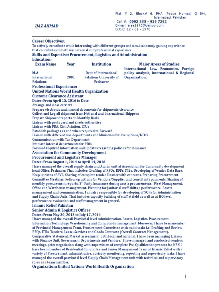 Ijaz Ahmad CV | Download Free PDF | Procurement | Logistics