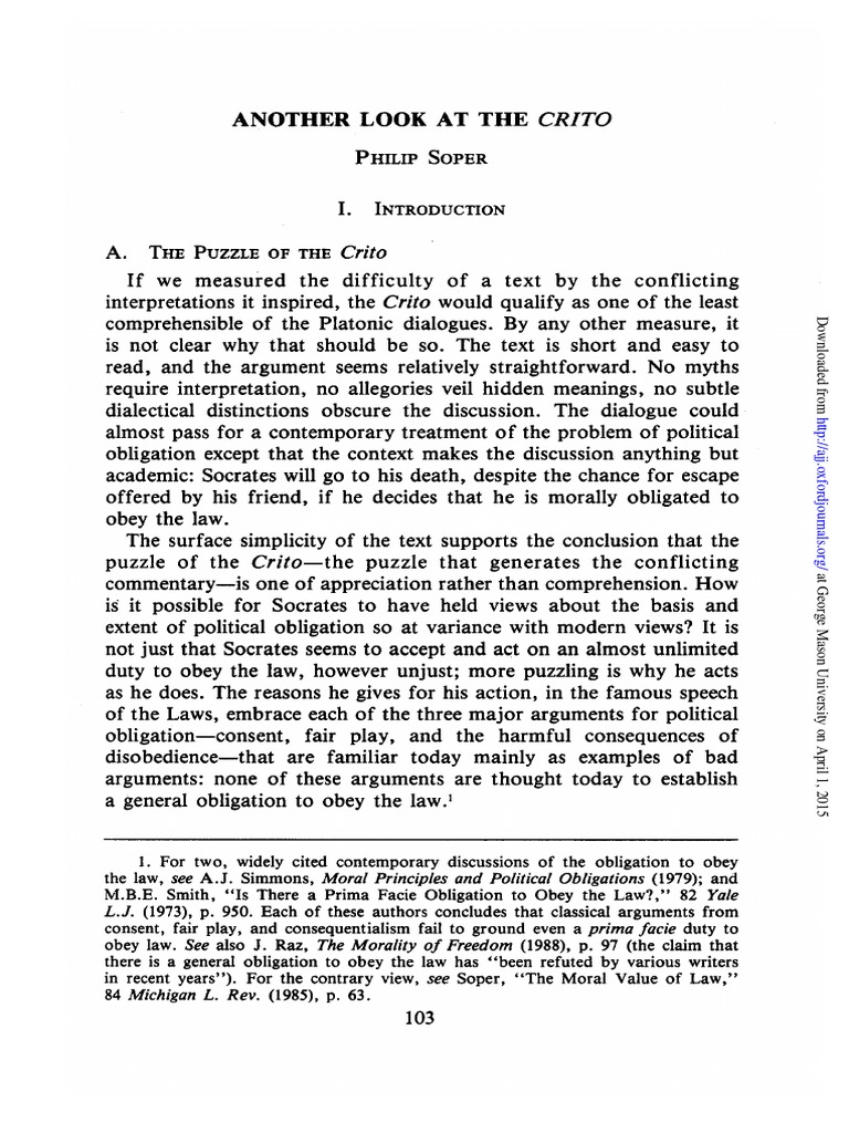 Another Look at The Crito | PDF | Socrates | Jurisprudence