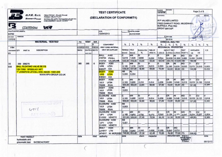 Ball Valve MTC | PDF | Transition Metals | Metals