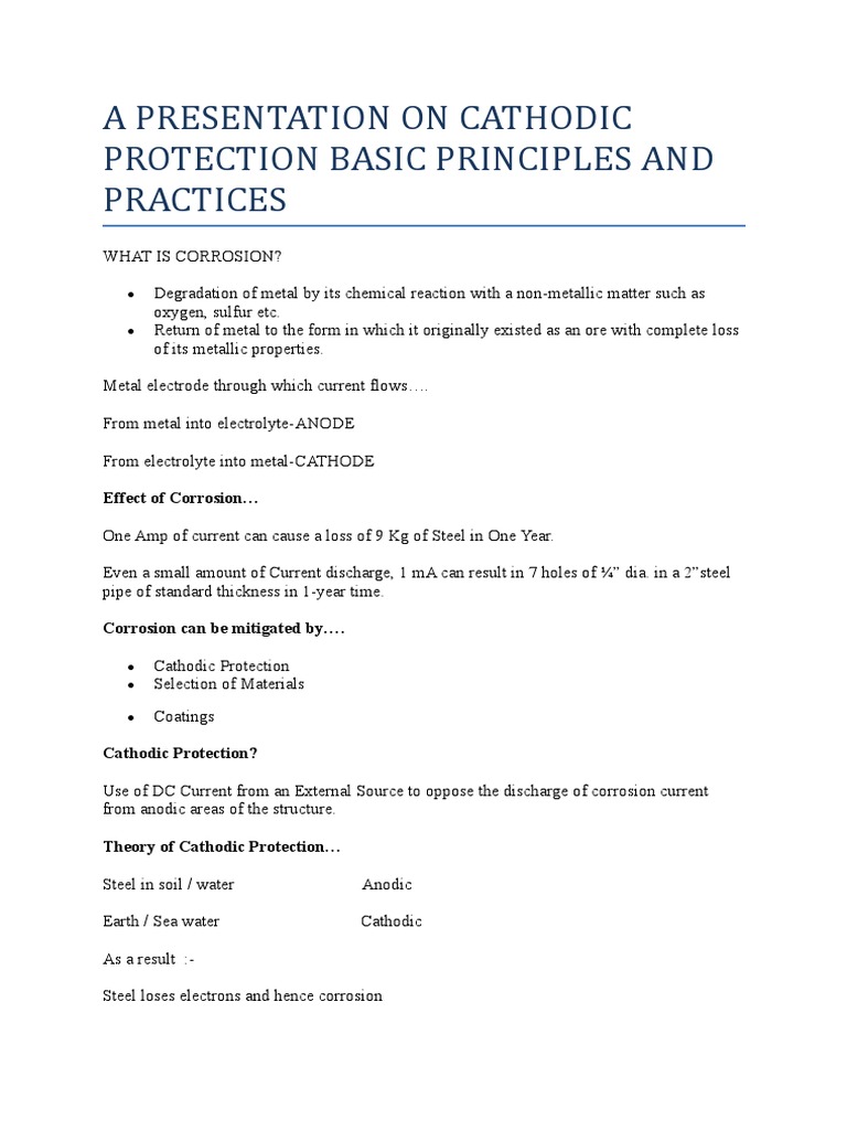 A Presentation On Cathodic Protection Basic Principles and Practices | PDF | Anode | Corrosion