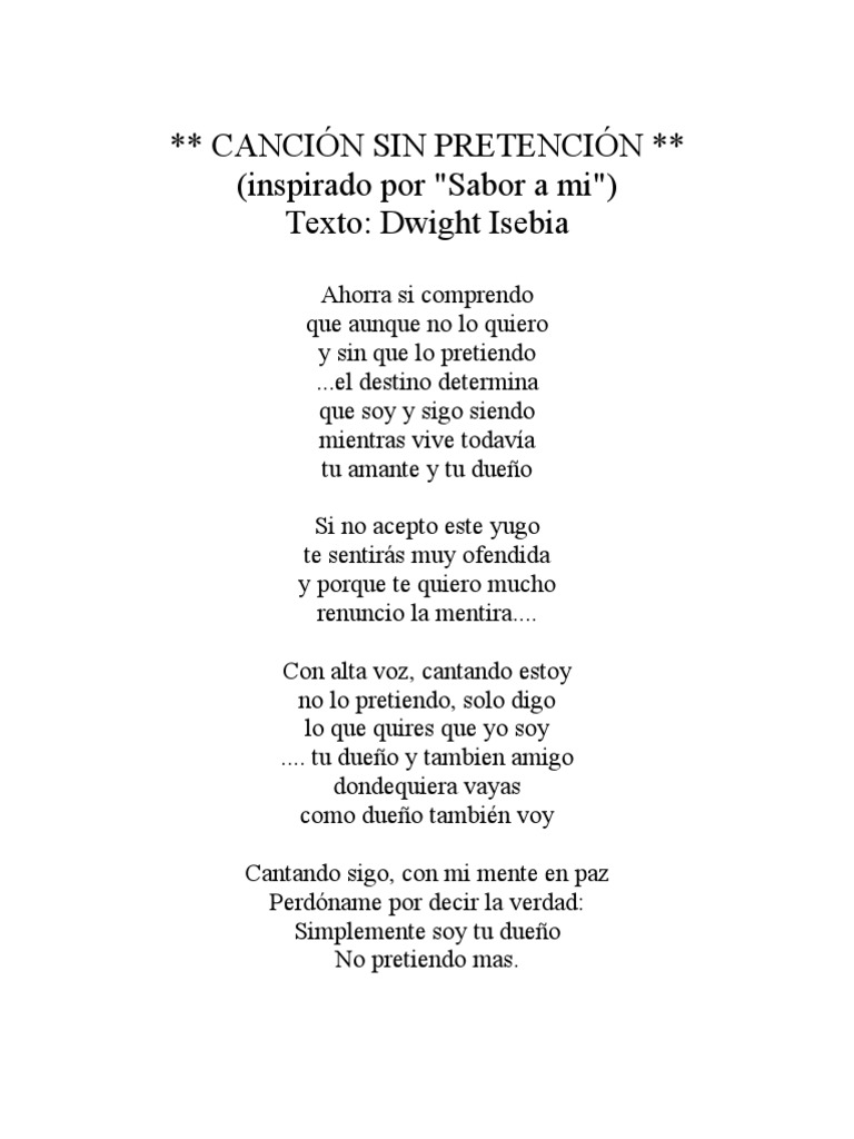 Spanish Lyrics of the Song CANCION SIN PRETENCION by Dwight Isebia ...