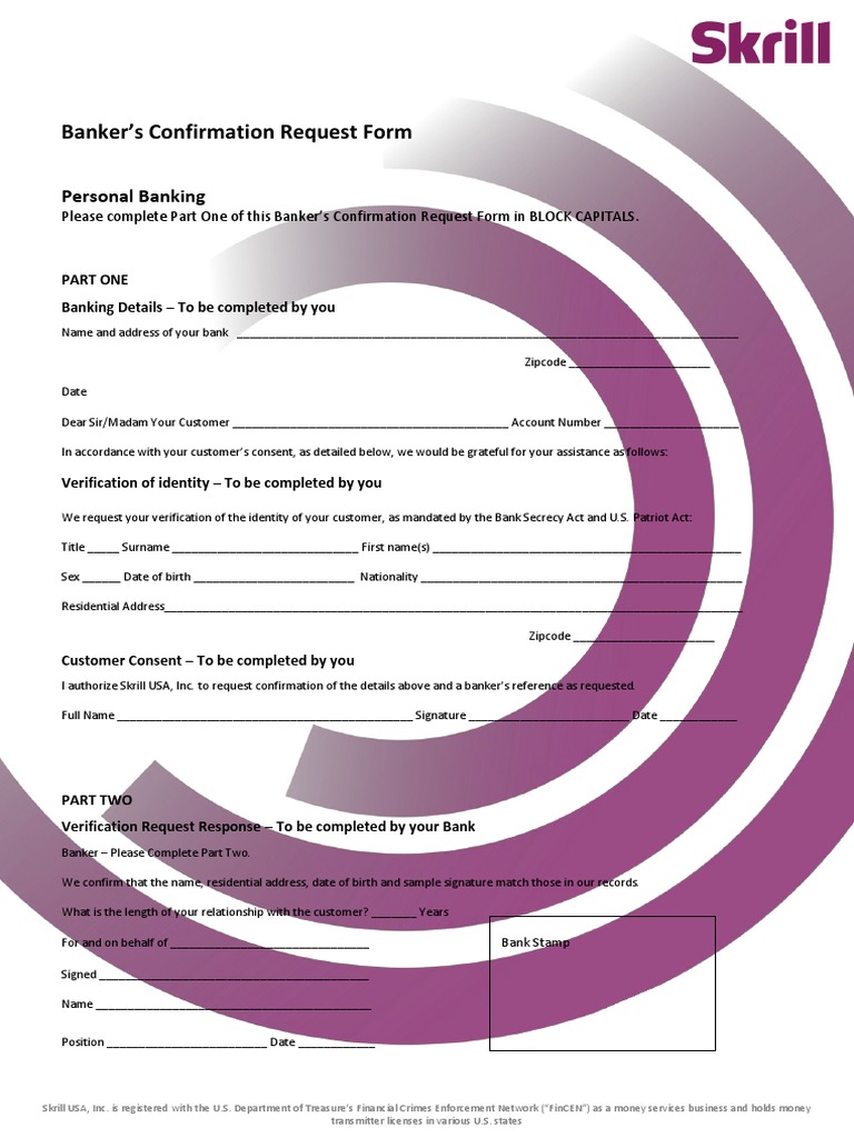 Banker's Confirmation Request Form: Personal Banking | PDF