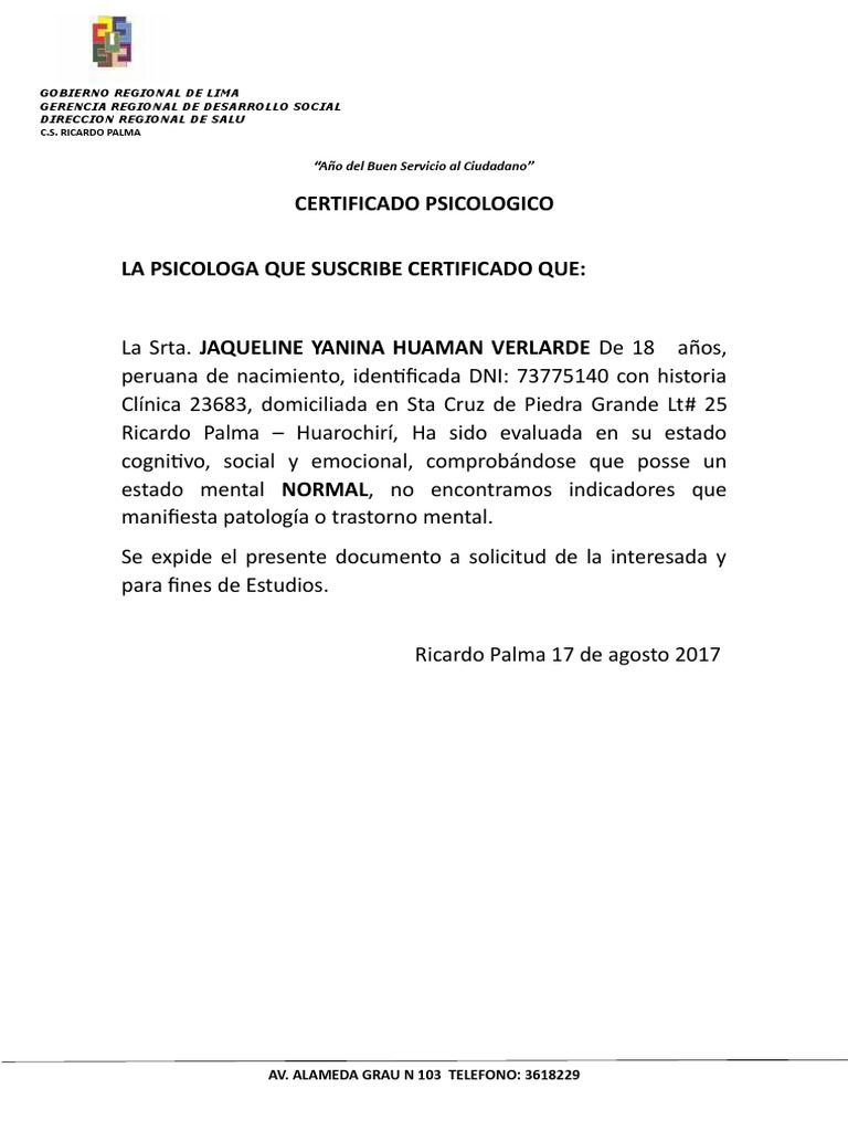 Certificado Psicologico 25 | PDF
