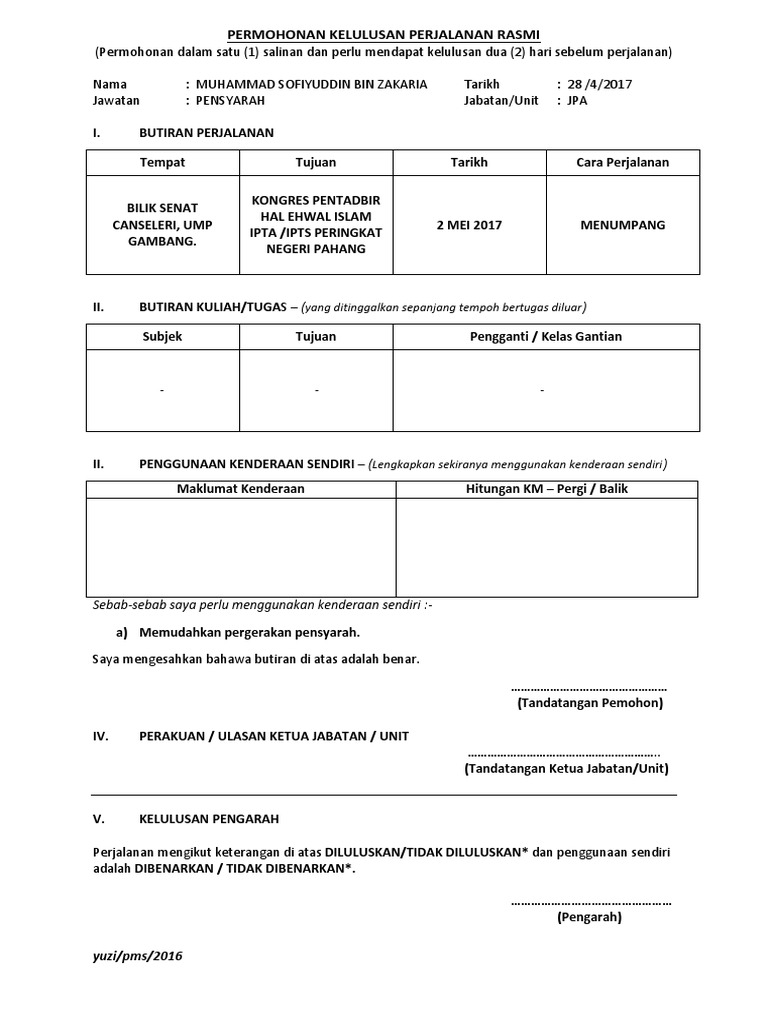 Borang Perjalanan Rasmi 2017 (Word) | PDF