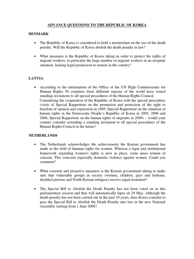 Advance Questions From Several Countries To The ROK During 2008 UPR ...